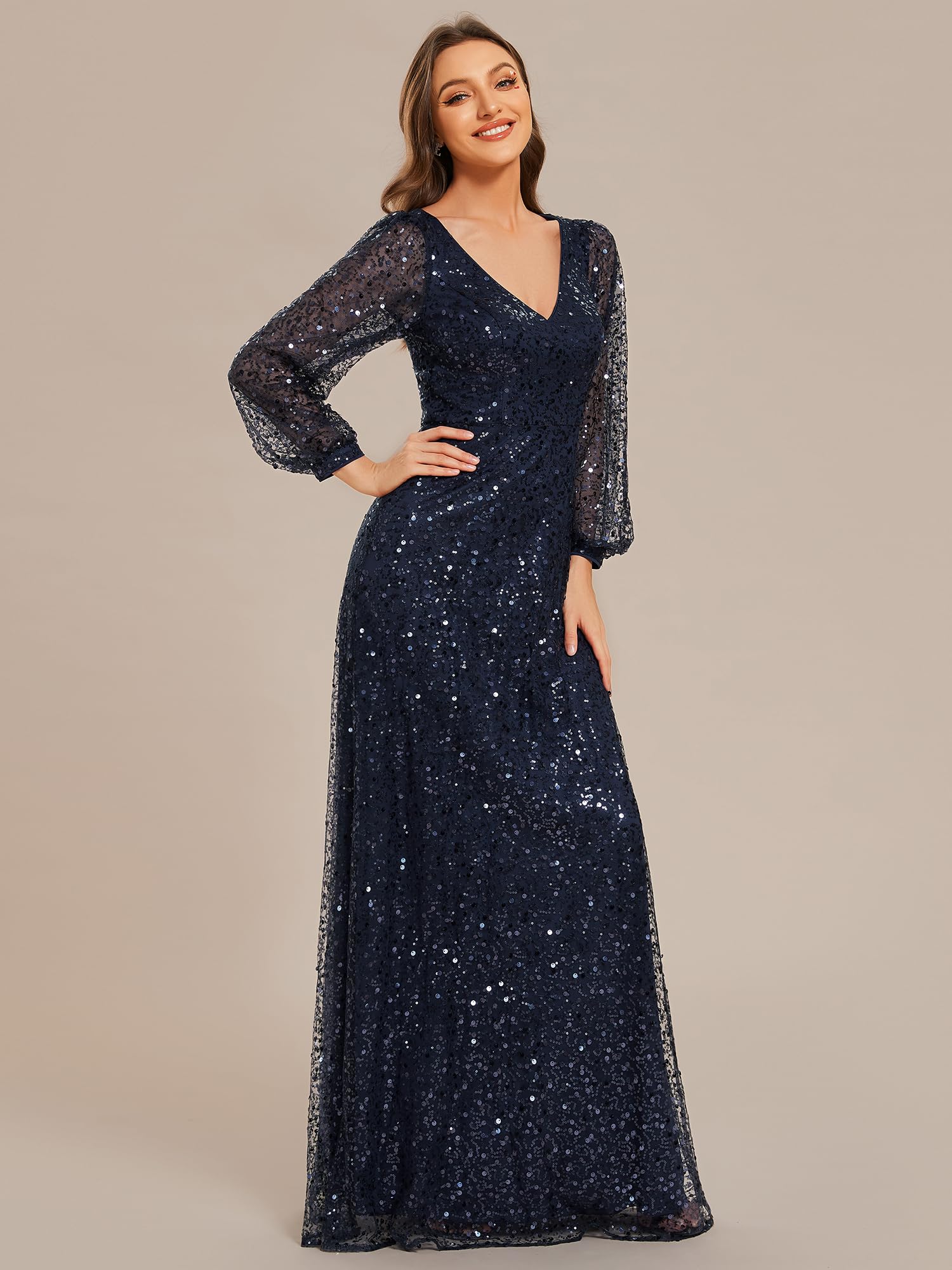 Ever-Pretty Women's Sequin A-Line V Neck Beaded Gown Long Sheer Sleeves Cocktail Evening Gown Navy Blue US10