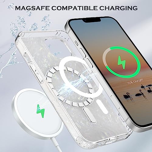 YINLAI Case for iPhone 14 / iPhone 13 [Compatible with MagSafe] Magnetic Slim Glitter Bling Sparkly Pearl Mother-of-Pearl Seashell Women Girly Soft Shockproof Protective Phone Cover 6.1 Inch, White