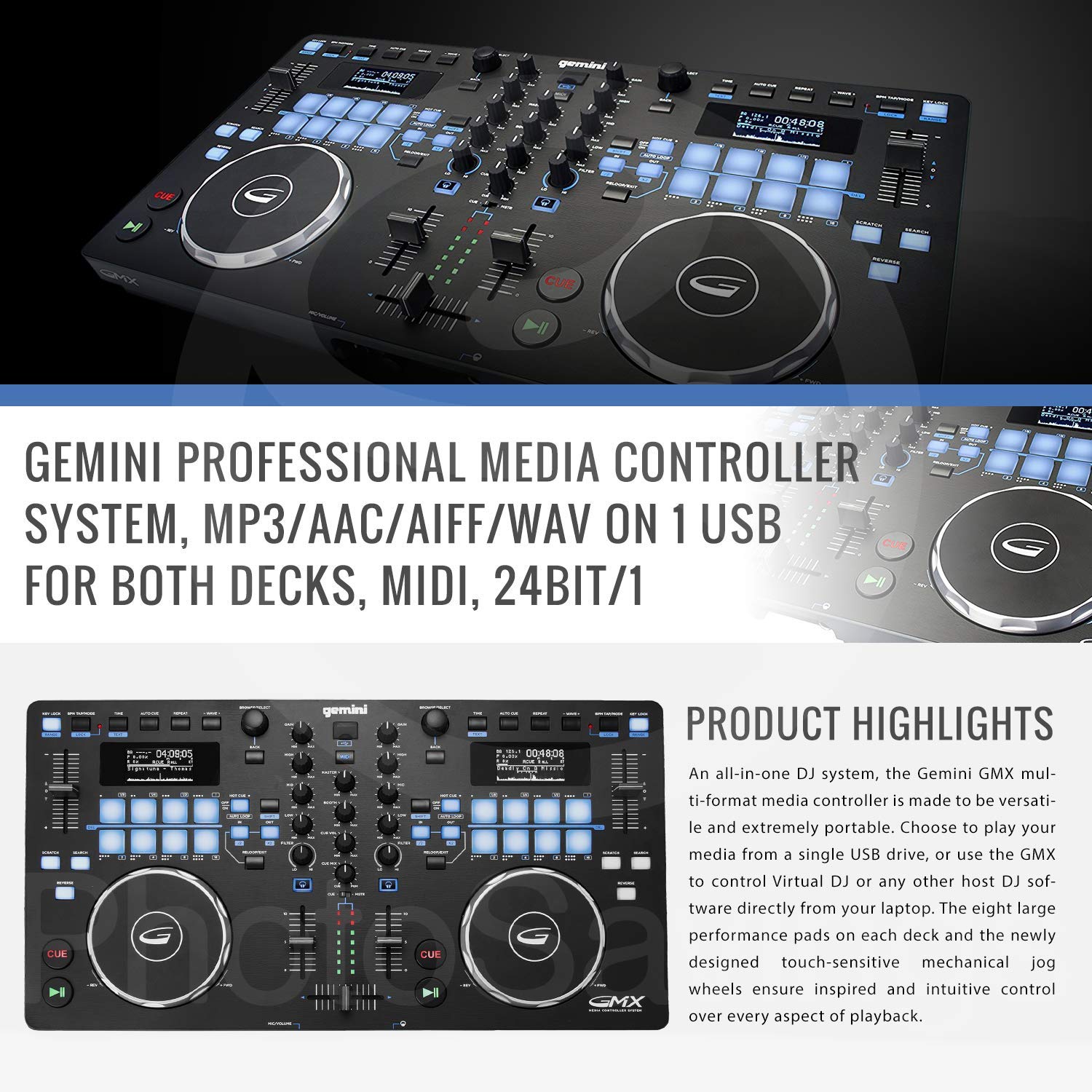 Gemini GMX Series Professional Audio DJ Media Controller System w/Headphones & Basic Bundle
