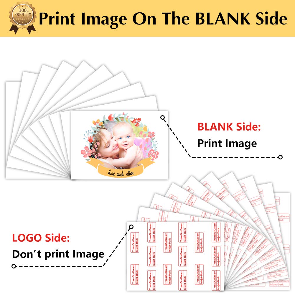 TransOurDream Tru-Heat Transfer Paper for Inkjet Printer (10 Sheets, 8.5x11") Printable Heat Transfer Vinyl for T Shirts Iron on Transfers for Dark Fabrics