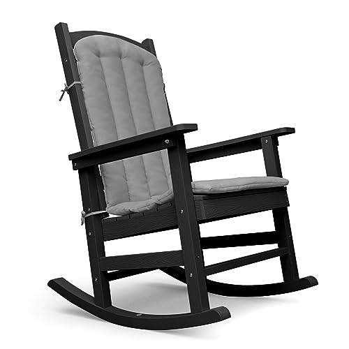 YEFU Outdoor Rocking Chair with Thin Cushion, Adirondack Chair for Indoor and Outdoor, Used in Patio, Fire Pit, Deck, Garden, Campfire Chairs(Black Chair+Gray Cushion)