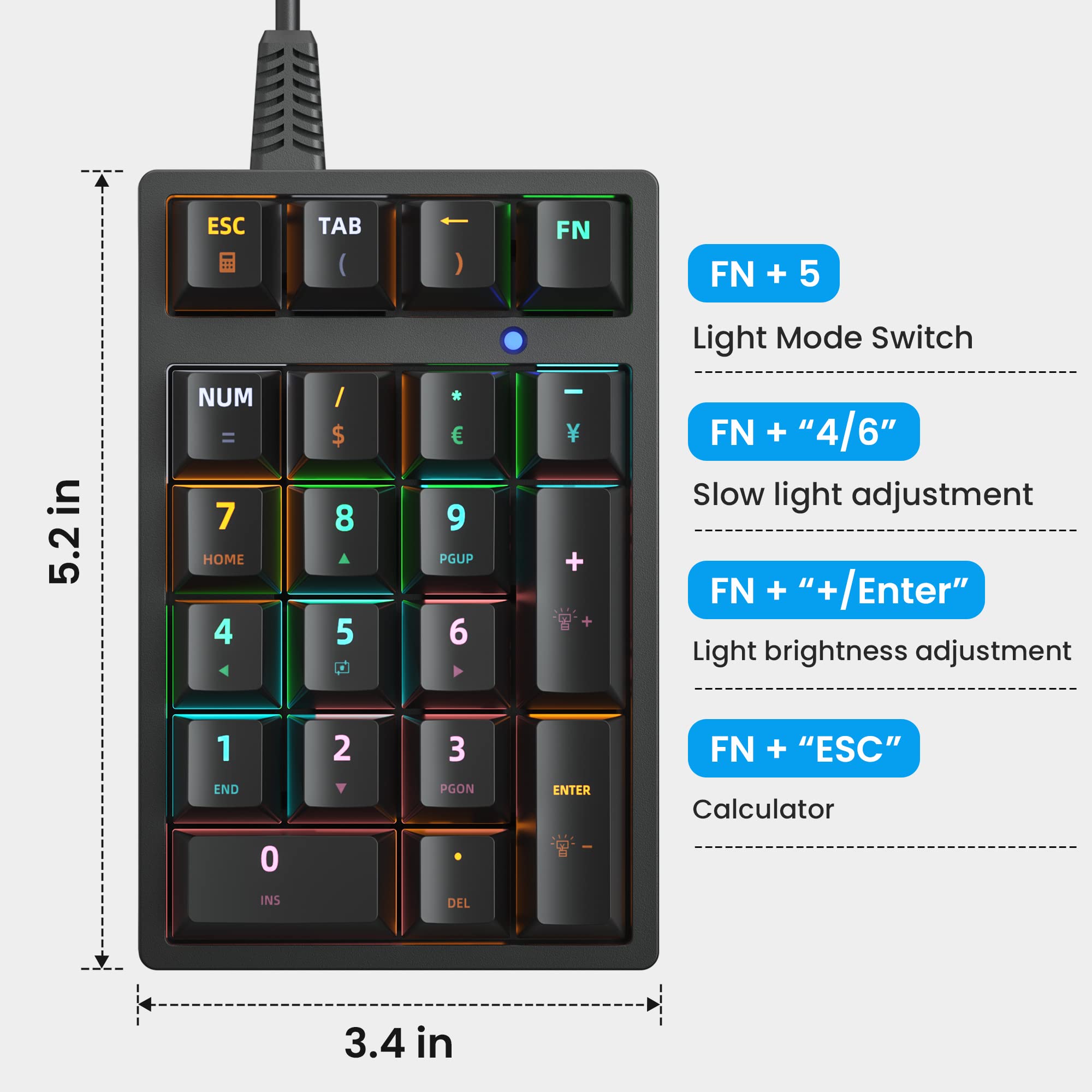 Mechanical USB Wired Numeric Keypad,Number Pad with Blue LED Backlit 21 Key Numpad for Laptop Desktop Computer PC Black (Blue switches)