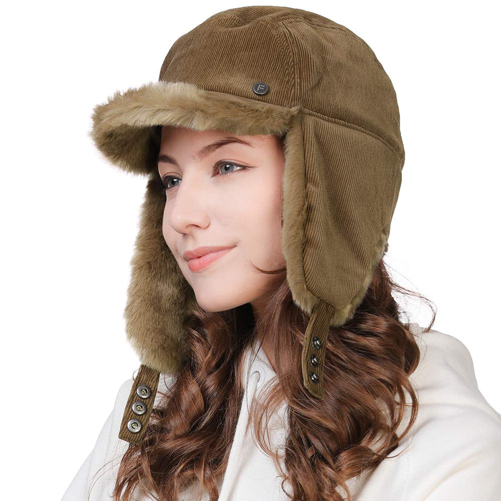 Fancet Womens Winter Fitted Faux Fur Corduroy Earflap Dad Elmer Fudd Hat Baseball Cap Brown