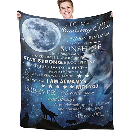 Son Gifts Blanket from Mom, to My Amazing Son Blanket 50" x 60" Birthday Gifts for Son, Ultra-Soft Fleece Moon Wolf Throw Blanket for Son Couch Sofa Travel, Best Graduation Gift Ideas