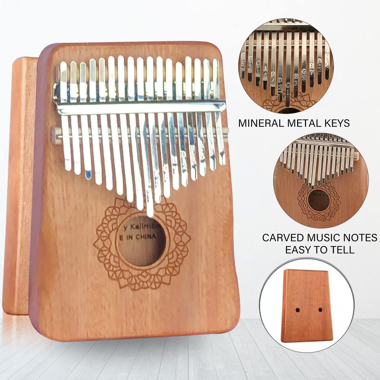 Kalimba Thumb Piano 17-Key Solid Wood Portable Instrument, Suitable for Children and Adults, from Beginners to Professionals (Disc Blossom log color)