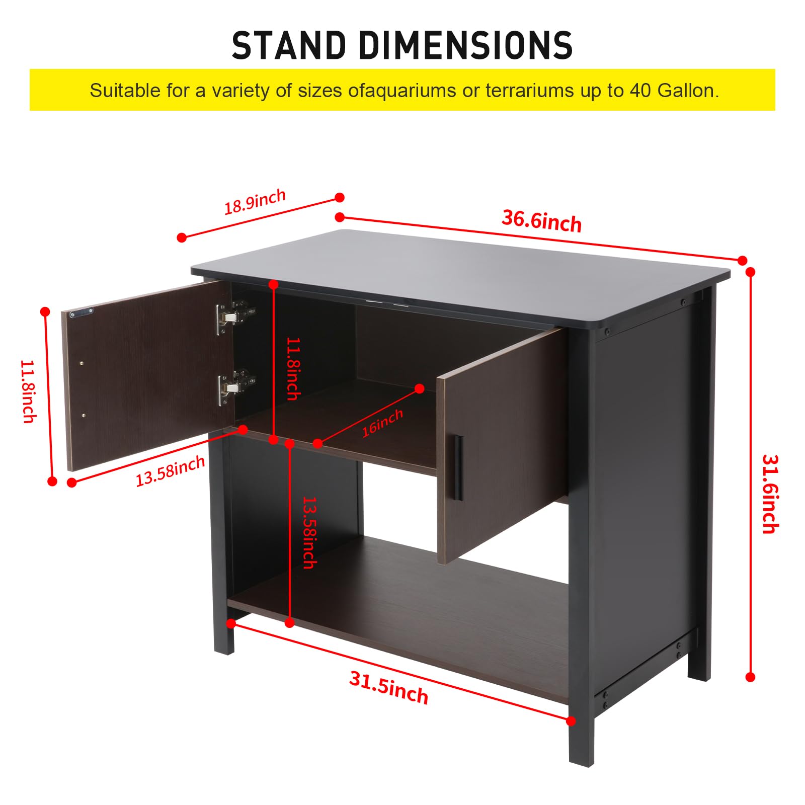 DWALE 40-50 Gallon Fish Tank Stand with Cabinet Accessories Storage,Heavy Duty Metal Frame ,Aquarium Turtle Tank Bearable 900 lbs,36.6" x 18.9" x 31.6"