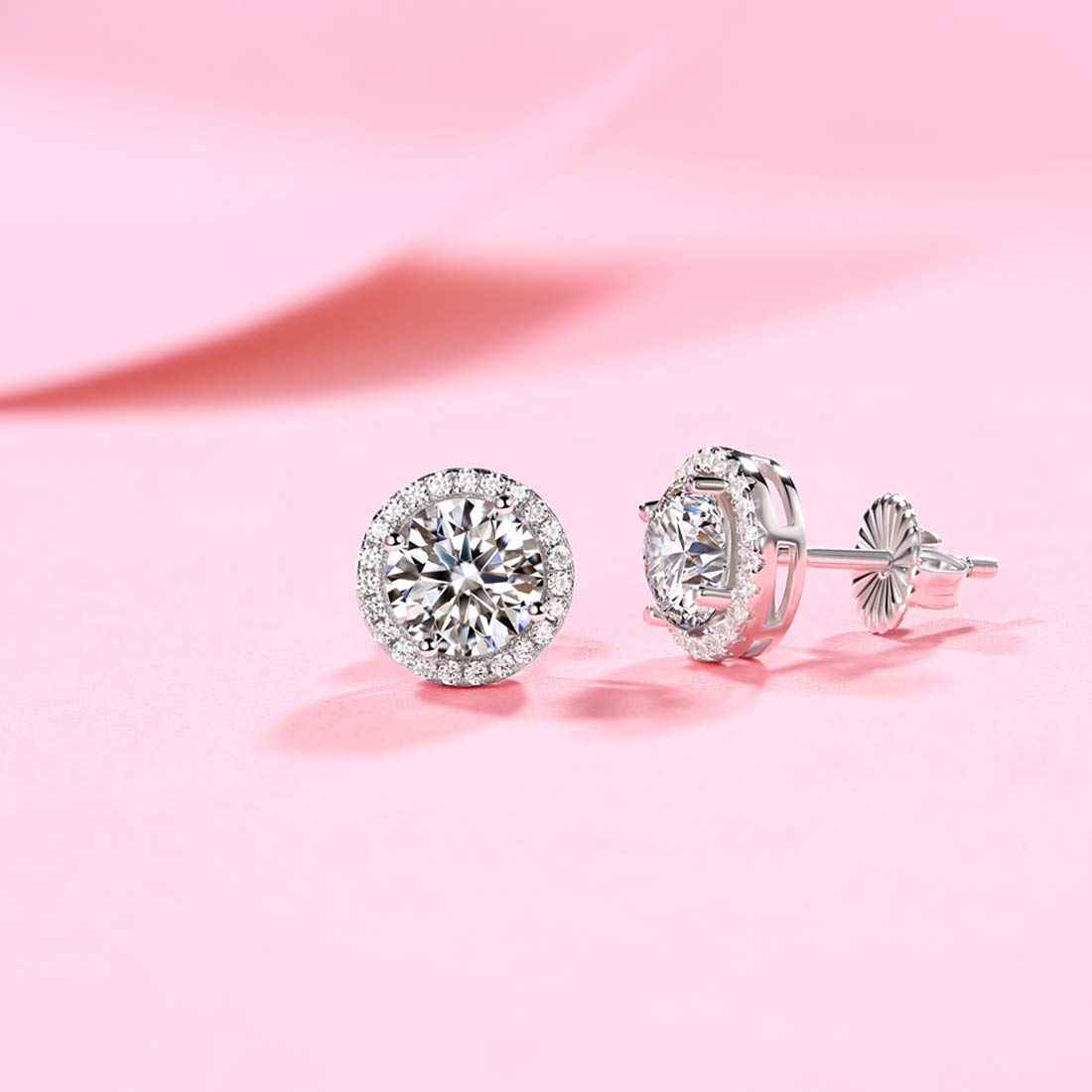 FANCIME 14K Solid White Gold Plated 925 Sterling Silver 1 Carat 5mm EF Color VVS Moissanite Classic Halo Setting Simulated Diamond Bridal Earring Studs for Women Jewelry