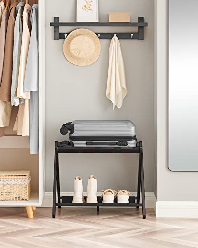 SONGMICS Luggage Rack, Folding Suitcase Stand with Storage Shelf, for Guest Room, Hotel, Bedroom, Heavy-Duty, Holds up to 131 lb, Chestnut Brown URLR007R01