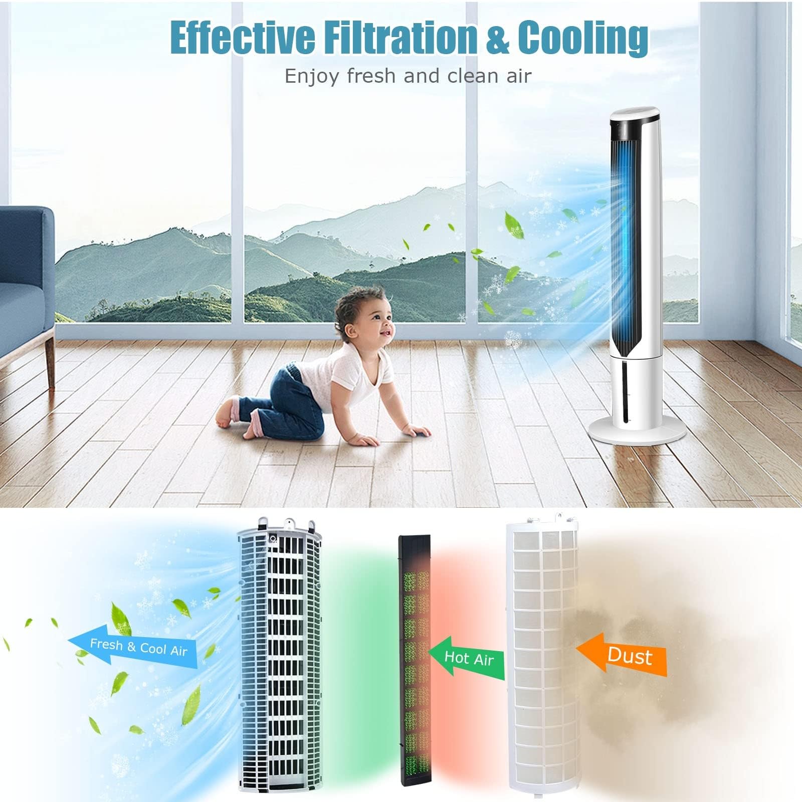 KOTEK 3 in 1 Evaporative Air Cooler, 41” Portable Cooling Tower Fan w/ 70°Oscillation, 4 Ice Packs & Water Tank, 3 Speeds & Cooling Modes, LED Display, 9H Timer, Remote Control for Bedroom Home Office