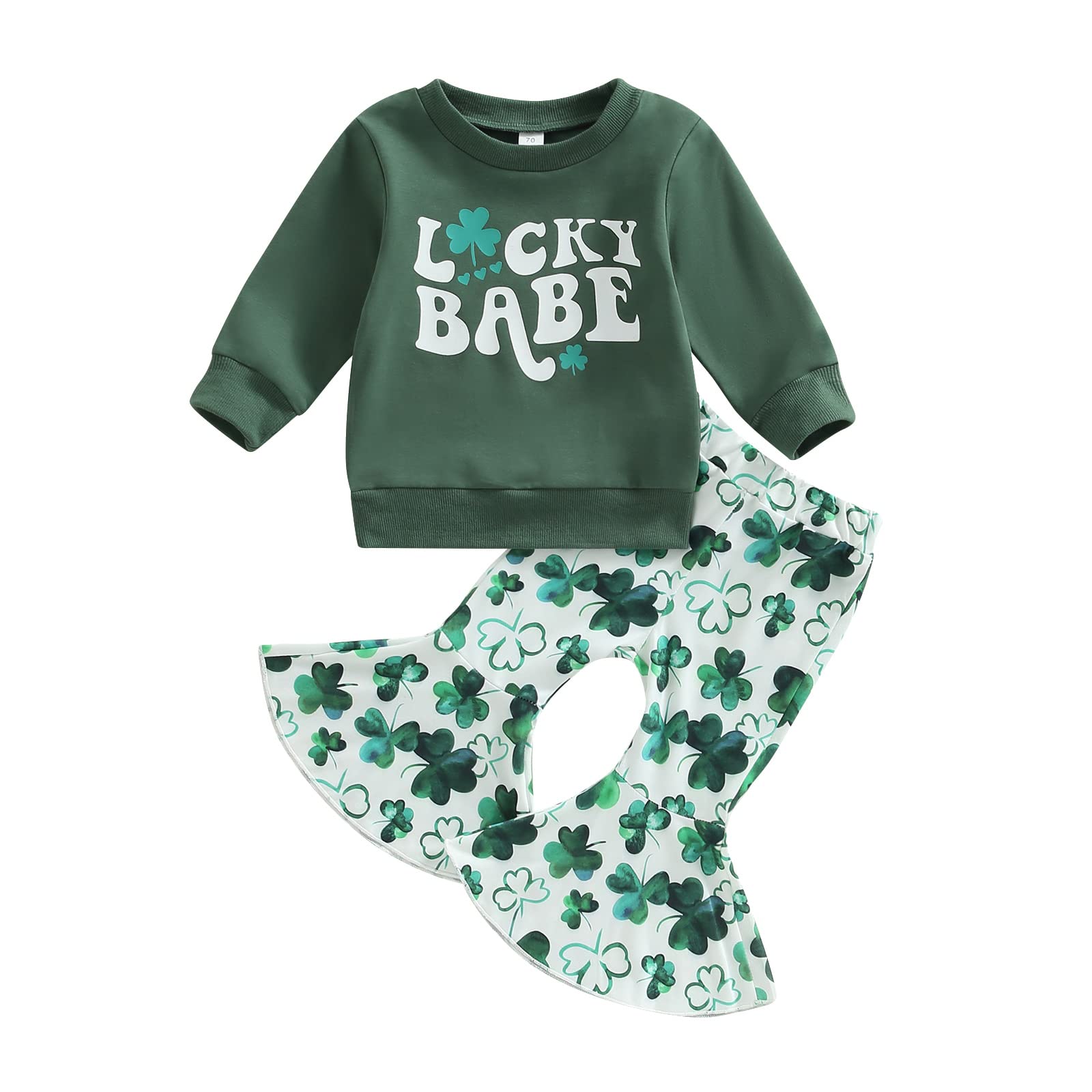 Infant Baby Girl St Patrick's Day Outfit Long Sleeve Pullover Lucky Babe Sweatshirt+ Green Clover Flare Pants Set (Green, 2-3 Years)