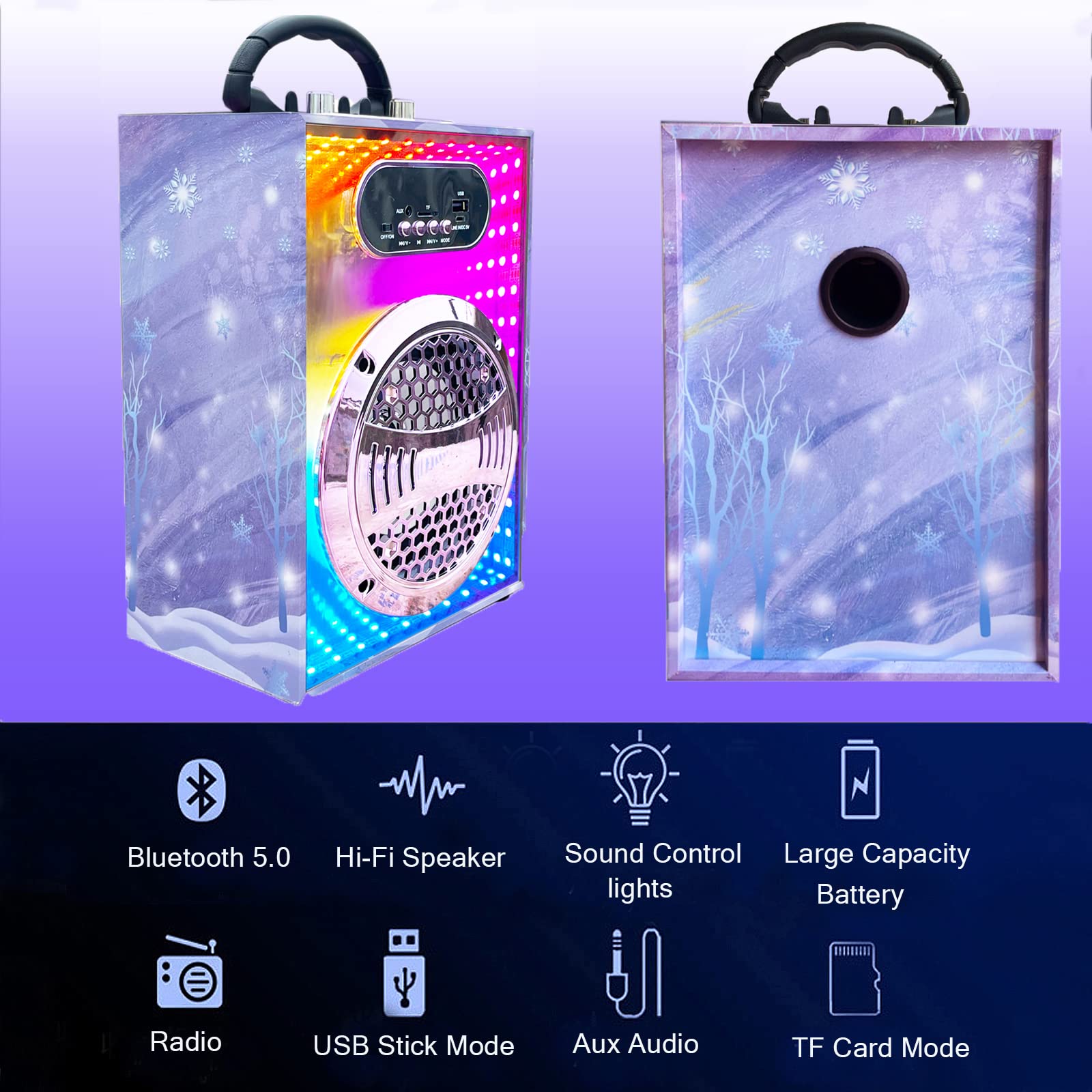 KaraMuizi Bluetooth Karaoke Machine for Kids and Adult, Mirror Surface Wooden Wireless Singing Speaker with 2 Microphones Dancing Light for Party Birthday Gift (Snow and Tree)