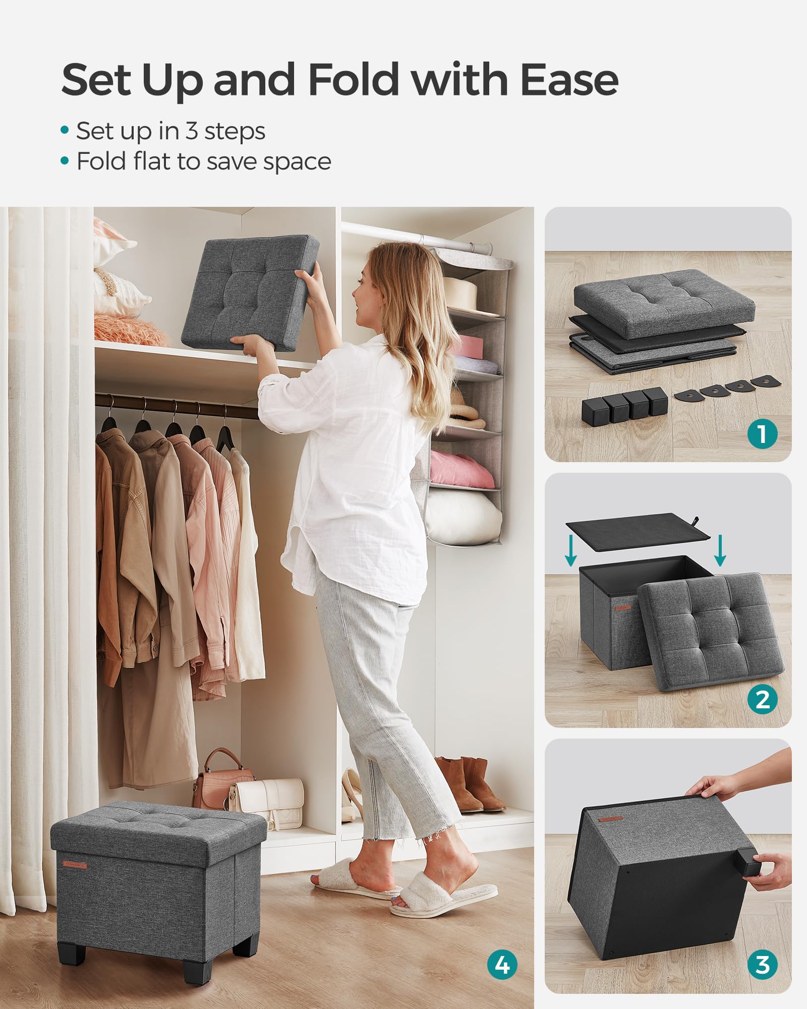 SONGMICS Storage Ottoman, Folding Storage Bench, Ottoman with Storage, Storage Ottoman Bench, for Living Room, Bedroom, 12.6 x 15.8 x 13.2 Inches, Dark Gray ULSF012G01