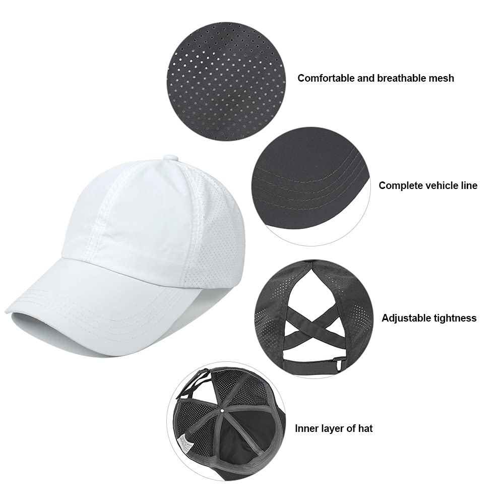FASHIXD Ponytail Baseball Cap for Women Mesh Quick Dry Baseball Hat with Ponytail Hole (White)