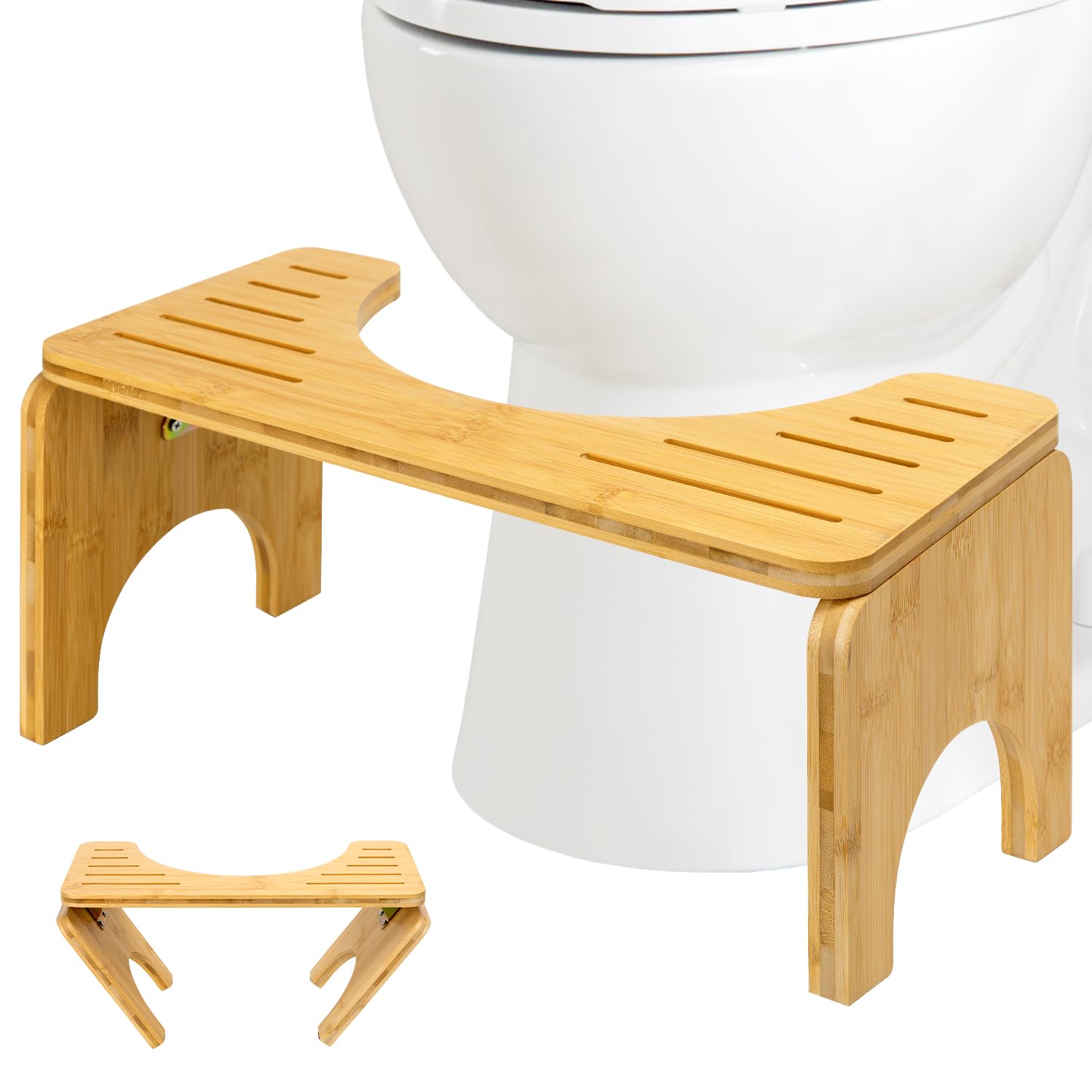 Toilet Stool for Adult and Kids, 8 Inches Toilet Squat Stool for Bathroom Foldable Bamboo Toilet Foot Potty Poop Stool with Non-Slip Pads - Improved Bowel Movement (Natural Color)