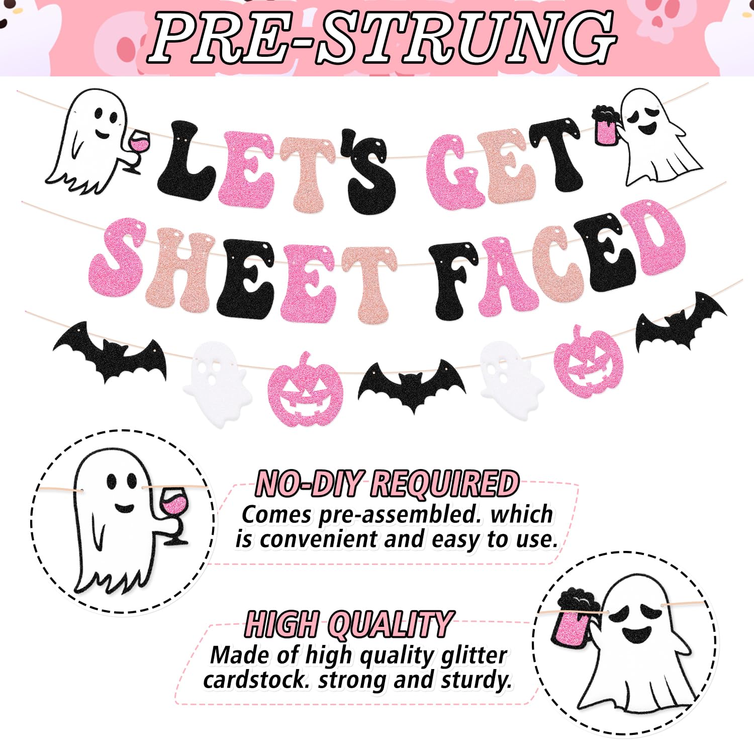Let's Get Sheet Faced Banner Halloween Decoration Pink Hallow Banner Spooky Ghost Backdrop Boo Bat Pumpkin Haunted House Witch Poison Bar Theme Party Decor