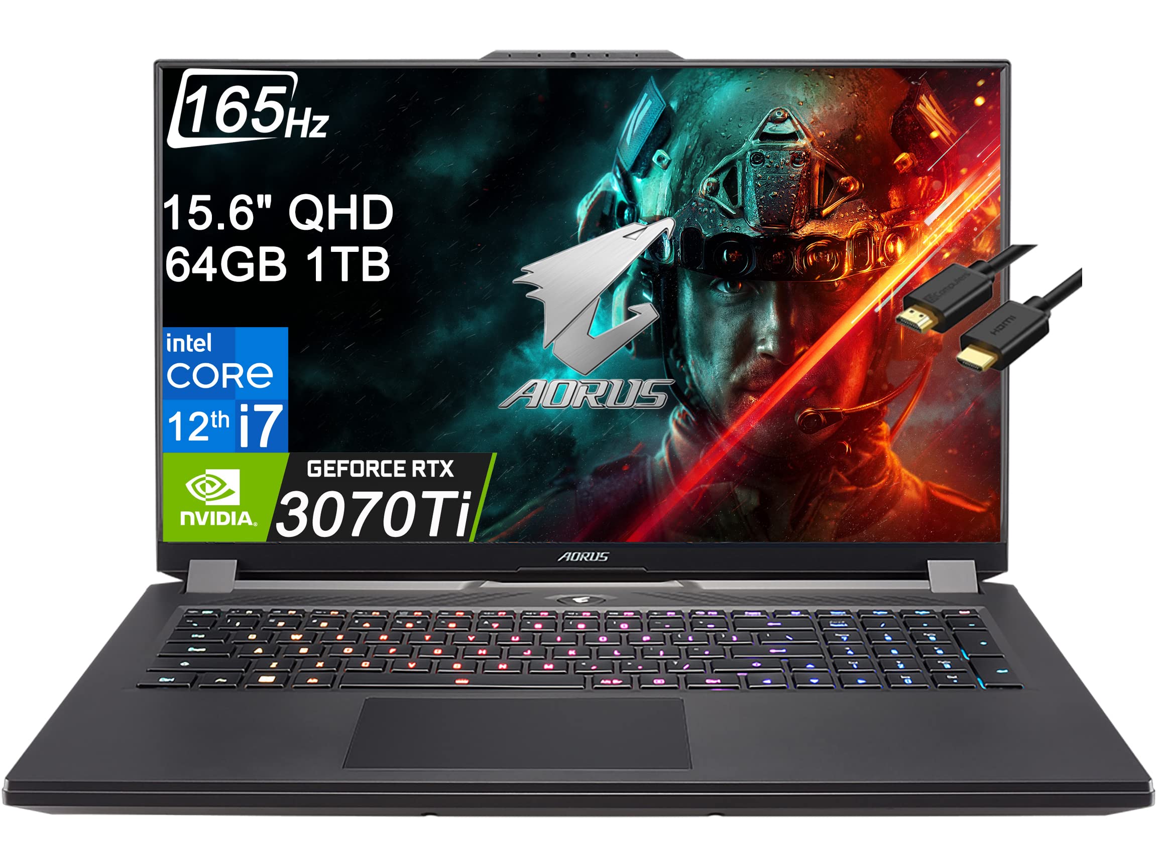 GIGABYTE AORUS 15 XE4 (15.6" QHD 165Hz, Intel 12th Gen i7-12700H, 64GB RAM, 1TB PCIe SSD, GeForce RTX 3070Ti), Thin Bezel IPS Gaming Laptop, Thunderbolt 4, RGB Backlit, Win 11 Home (Renewed)