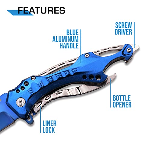 MTech USA β Spring Assisted Folding Knife β Blue TiNite Coated Fine Edge Stainless Steel Blade, Blue Aluminum Handle, Pocket Clip, Tactical, EDC, Self Defense- MT-A705SBL,Blue/Silver