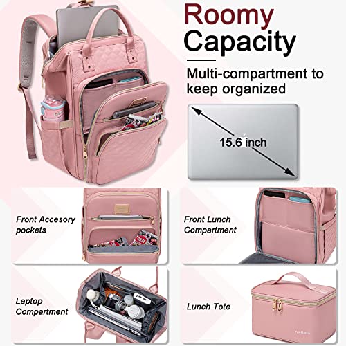Weitars 15.6 Inch Laptop Backpack For Women School /Travel Backpack, Teacher Nurse Work Backpack with Lunch Box Compartment Bookbag Computer Backpack (Pink)