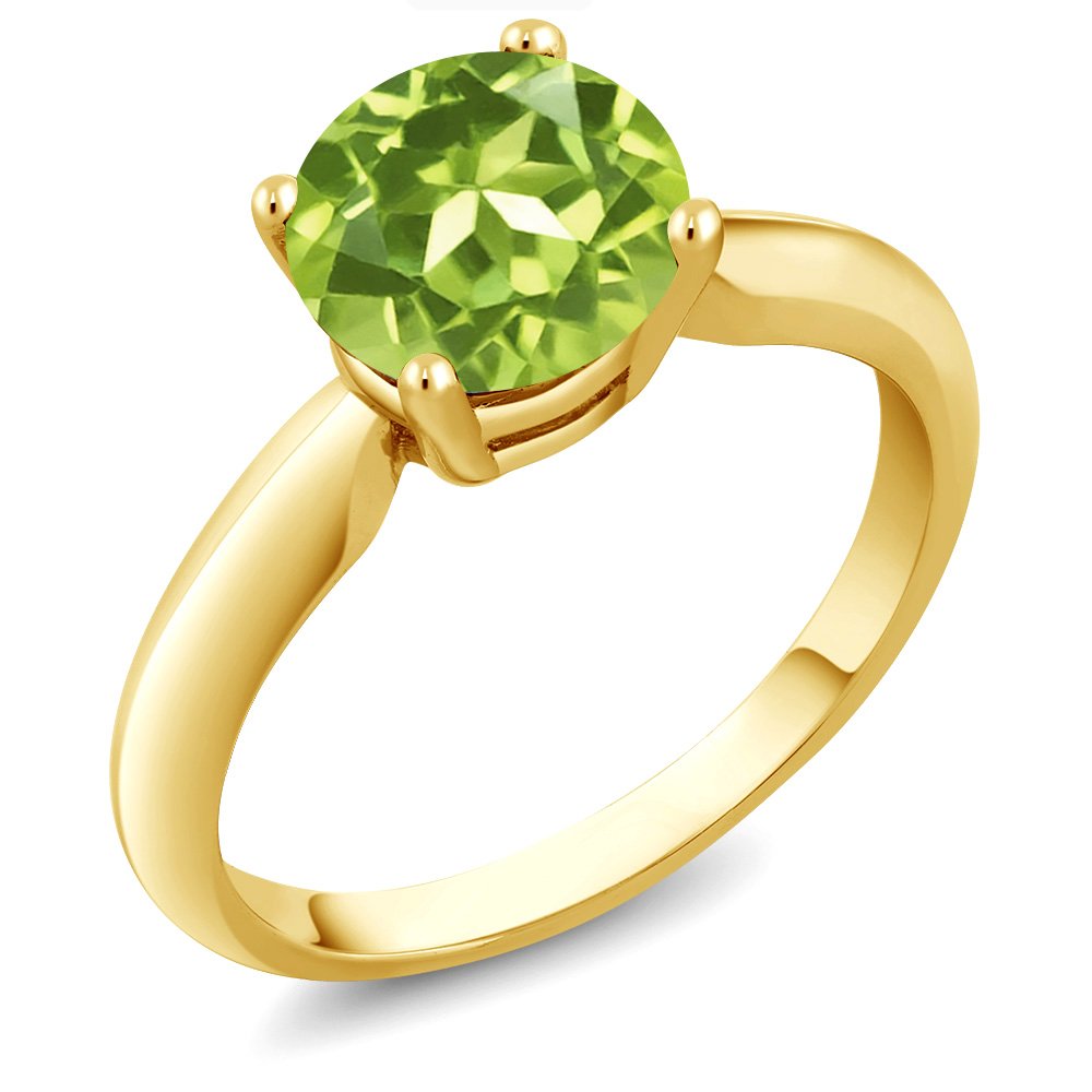 Gem Stone King 18K Yellow Gold Plated Silver Green Peridot Solitaire Engagement Ring For Women (2.00 Cttw, Round 8MM, Gemstone Birthstone, Available In Size 5, 6, 7, 8, 9)