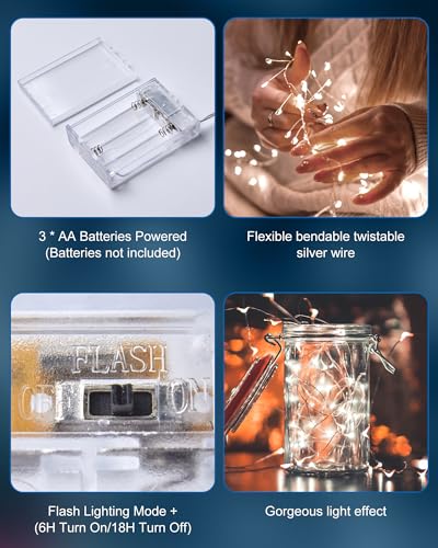 Fairy Lights Battery Operated, Firecracker String Lights Waterproof Silver Wire 5 Feet 60 Led Cluster Starry Lights for DIY Wreath Home Wedding Party Bedroom Mason Jar Holiday Christmas, Pure White