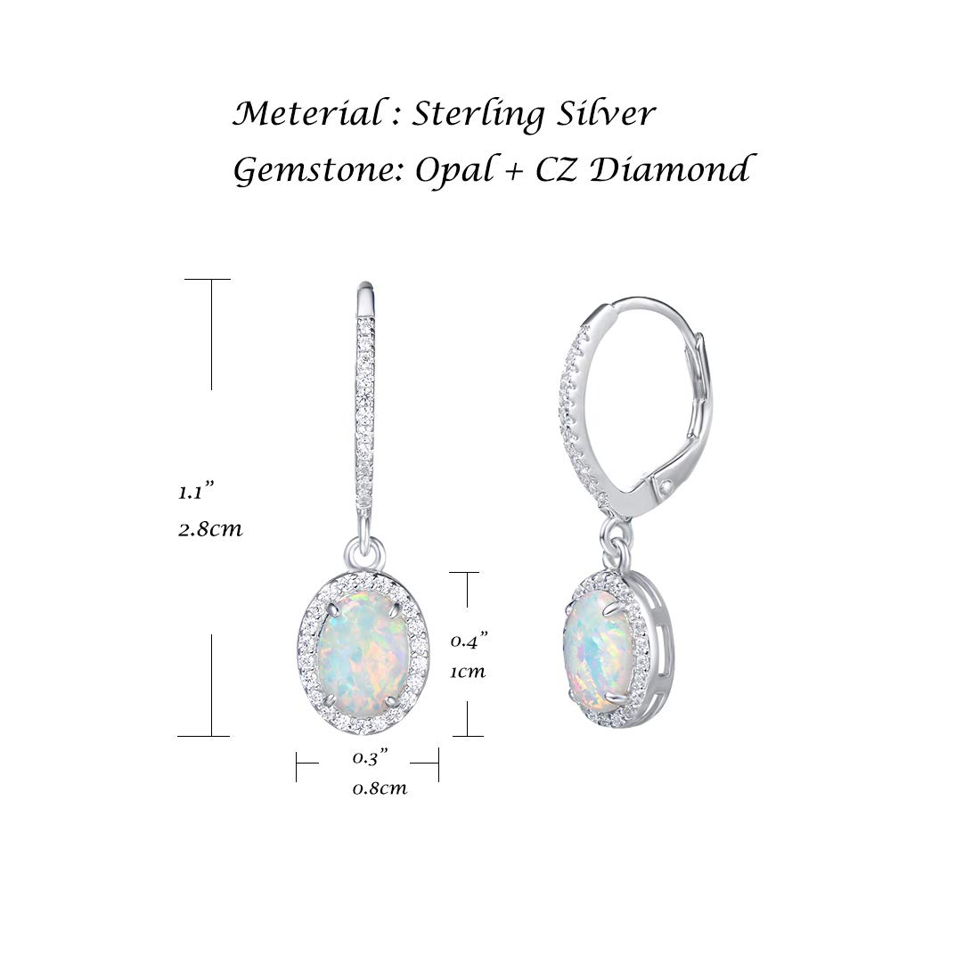 FANCIME Lever Back Earrings Sterling Silver Created White Fire Opal Halo Cubic Zirconia French Back Earrings Opal Jewelry for Women