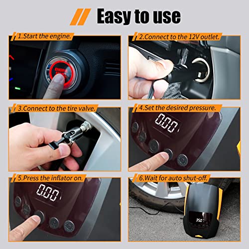 Rickwayy Tire Inflator Portable Air Compressor, 12V DC Air Pump for Car Tires, 150PSI Auto Portable Air Compressor with Emergency Light, Air Pump for Car, Motorcycle, Bicycle and Other Inflatables