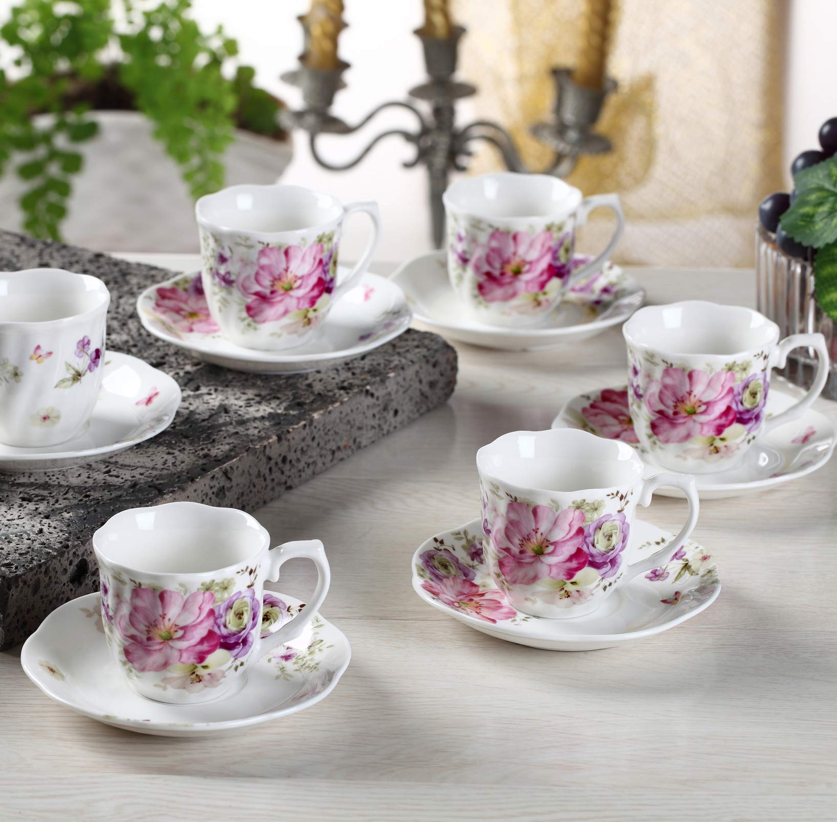 GuangYang 12 Pieces (Tiny Style) Espresso Cups and Saucers,2.5 ounce/80ml,Set of 6,Mini Premium Porcelain Coffee Cup Set, Fancy Flower Pattern Design