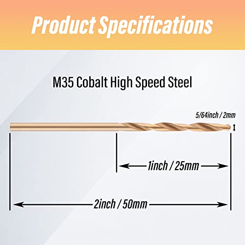 Qjaiune 5/64 Inch Cobalt Drill Bit Set, 20pcs M35 HSS Twist Drill Bit Set Titanium Coated Drill Bits, 135 Degree Split Point Jobber Drill Bits for Metal Hardened Steel Aluminum Cast Iron Wood Plastic
