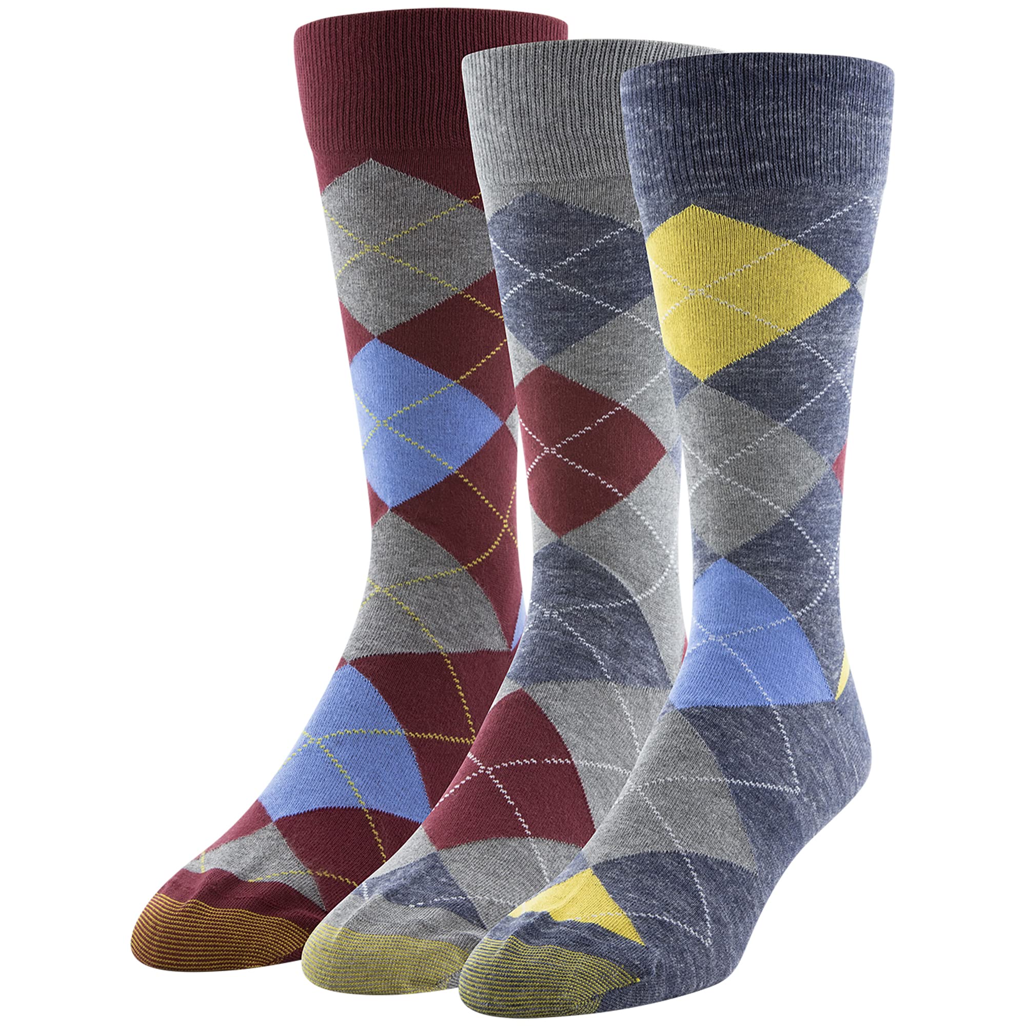 GOLDTOE Men's Carlyle Argyle Crew Dress Socks, 3-Pairs, Denim/Ash Grey/Merlot, Large
