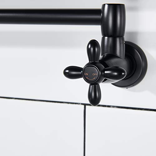 KRUZOO Pot Filler Kitchen Faucet Solid Brass Folding Wall Mount Stretchable Double Joint Swing Arm Single Hole 2 Handles Extending Arm,Matte Black