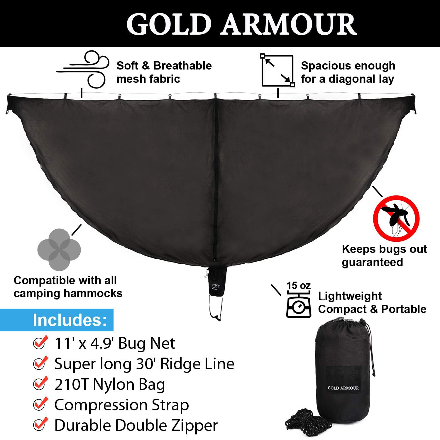 Gold Armour Hammock Bug Net, Mosquito Net Bugs - Premium Mesh Netting, Guardian of No See Um and Insects - Perfect Equipment Gear Accessories for Your Double Hammocks and Single Hammock (Gray)