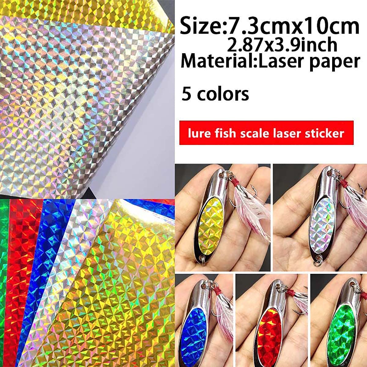 Fish Scale Sticker 20 PCS 5 Colors 7.3x10cm DIY Holographic Laser Sticker Fishing Lure Stickers Stereoscopic Adhesive Film Flash Tape Reflective Tackle