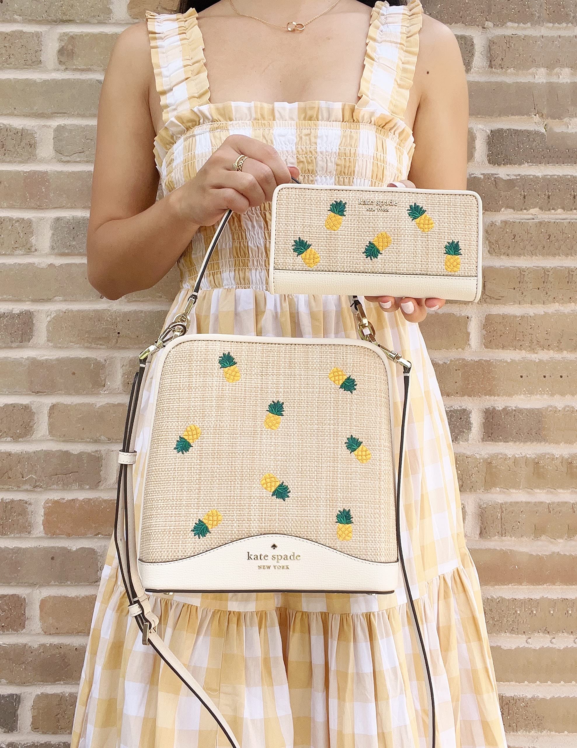 KATE SPADE Darcy Pineapple Embroidered Bucket Bag Crossbody Straw Parchment Bundled New York Darcy Pineapple Embroidered Large Slim Bifold Wallet