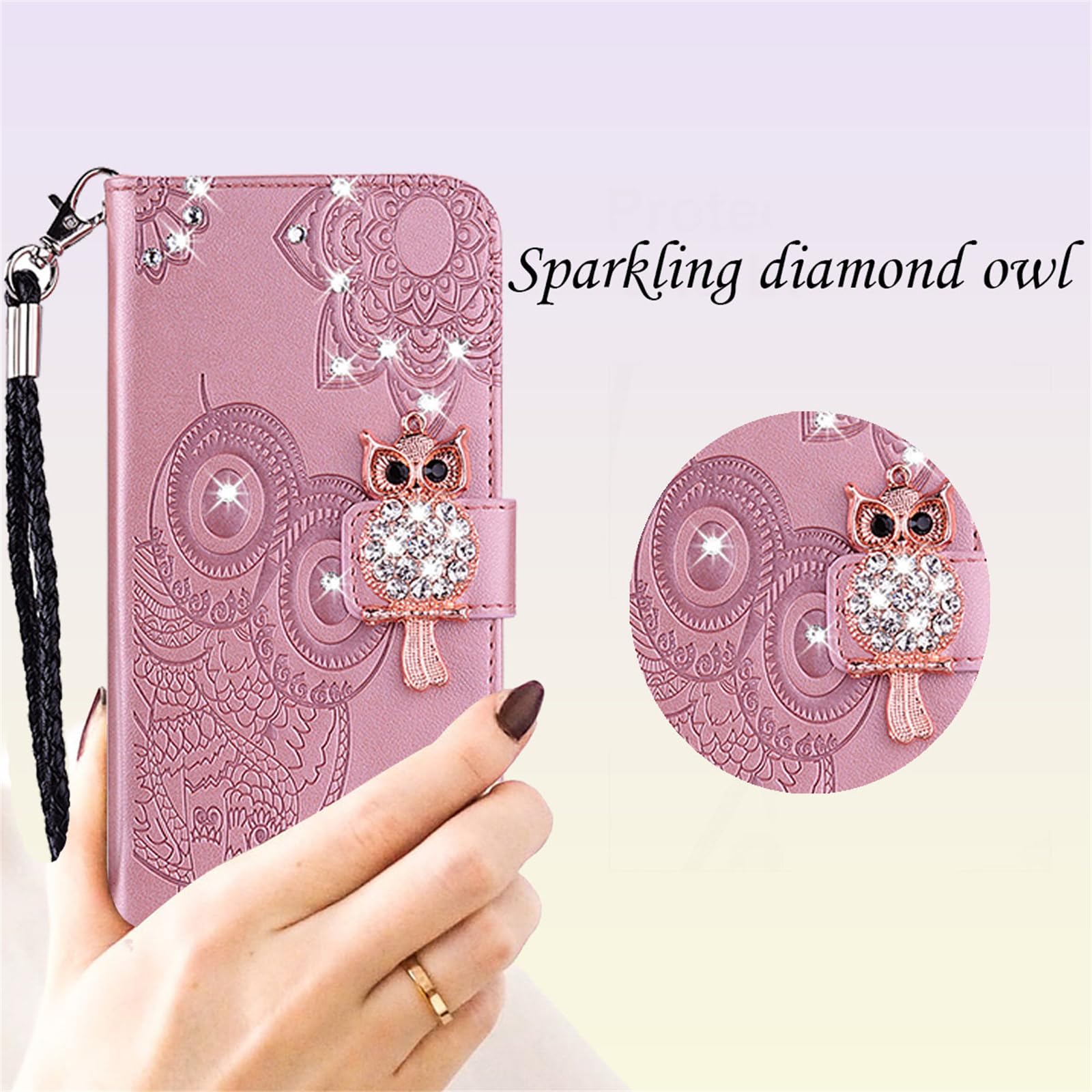 Ephoou Compatible with Apple iPhone 15 Flip Glitter Wallet Case for Women, Pu Leather with Card Slots Crystal Diamond Owl Embossing Shockproof Cover Case for iPhone 15 MTY-Rose Gold