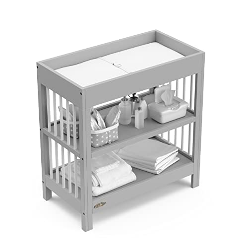 Graco Teddi Changing Table with Water-Resistant Changing Pad (Pebble Gray with White) - 2 Open Shelves, Includes Bonus Water-Resistant Changing Pad with Safety Strap