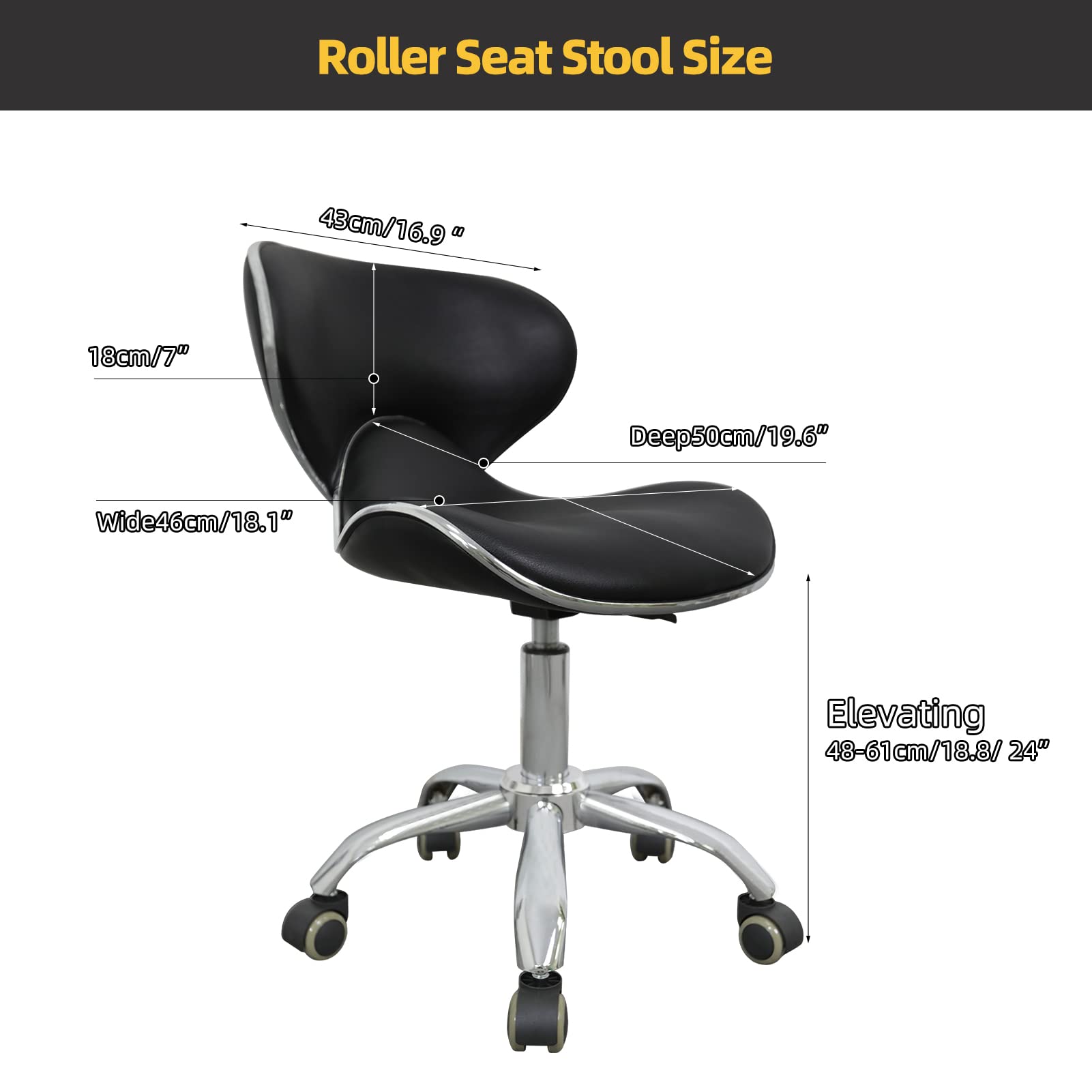 Height Adjustable Saddle Rolling Chair with Backrest Support Dental Stool for Tattoo Beauty Salon Massage Dental Clinic Office
