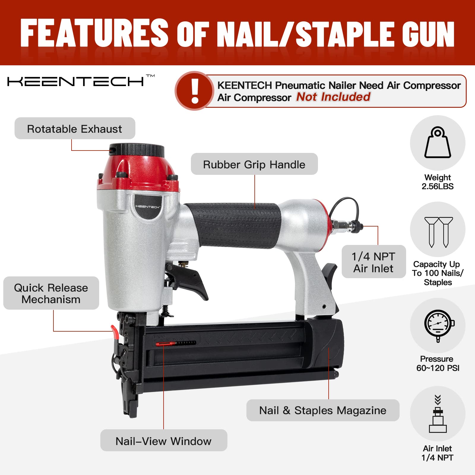 KEENTECH Pneumatic Brad Nailer, 18 GA, 2 in 1 Nail Gun and Crown Stapler Fires 2 Inch Brad Nailes and 1-5/8 Inch Crown Staples, for Carpentry, DIY Project, Woodworking, Silver & Red (KT5040)