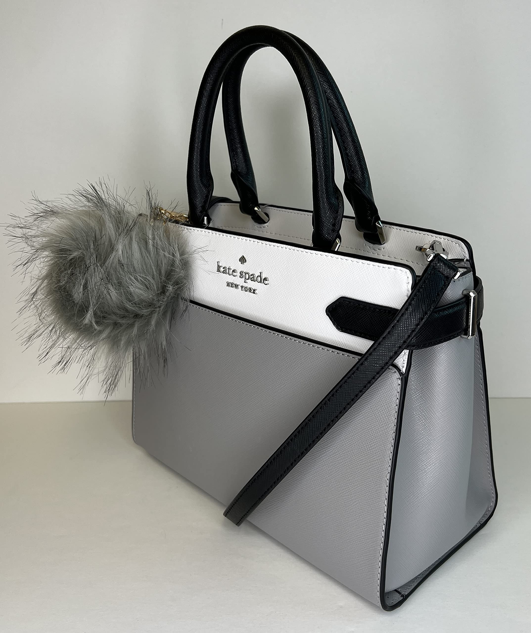 Kate Spade MD Satchel bundled with Bifold Wallet & Fur Pom (Nimbus Grey Colorblock)