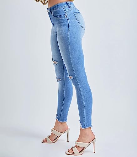 YMI Junior Womens Wannabettabutt Mid-Rise Recycled Fibers Distressed Ankle Denim Jeans (RIPS+Whiskers M1914, 11)