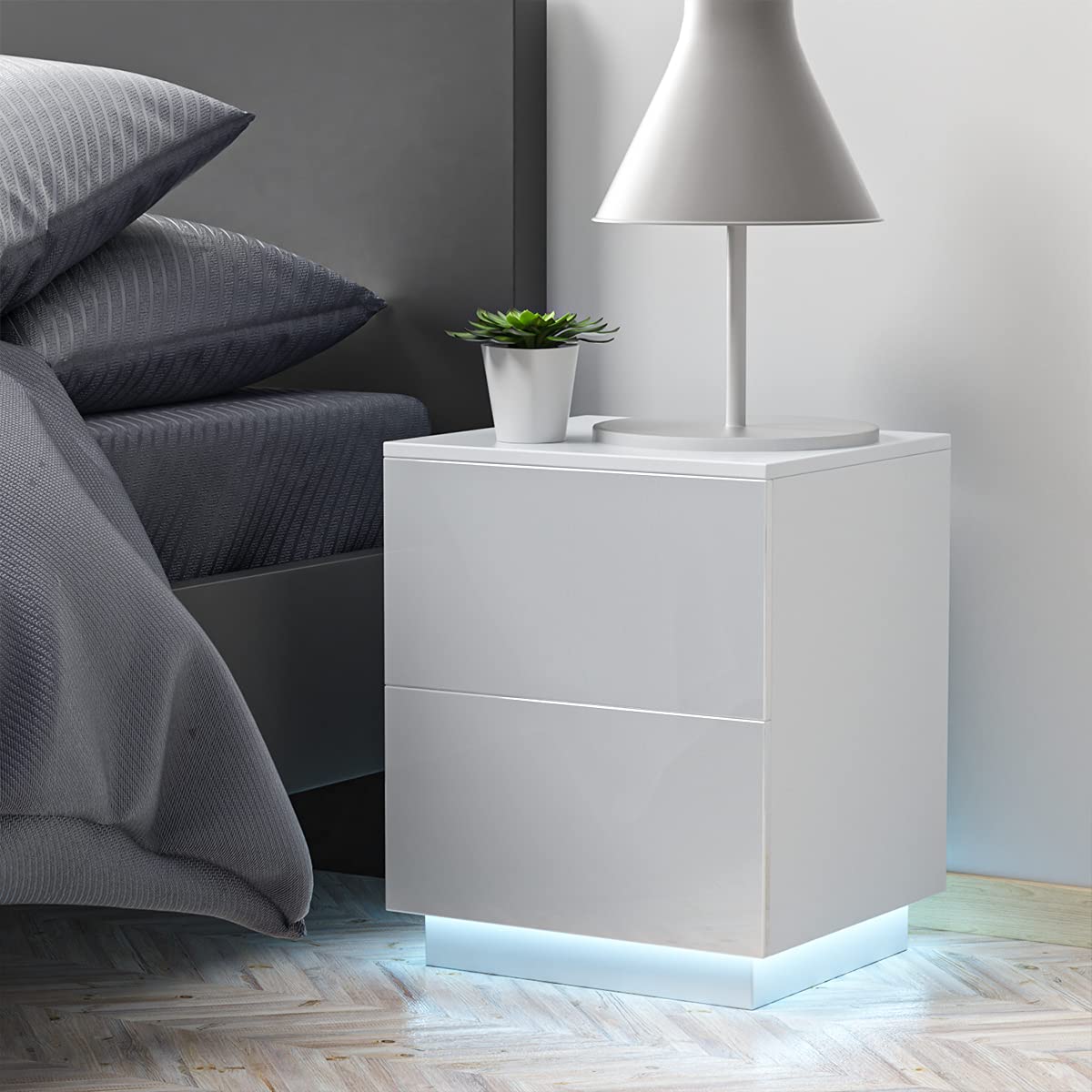 HALLOLURE LED Nightstand Modern LED Bedside Table High-end Fashion Side Table 2 High Gloss Drawers Shelf End Table Night Stand Storage Cabinet Bedroom Living Room (White)