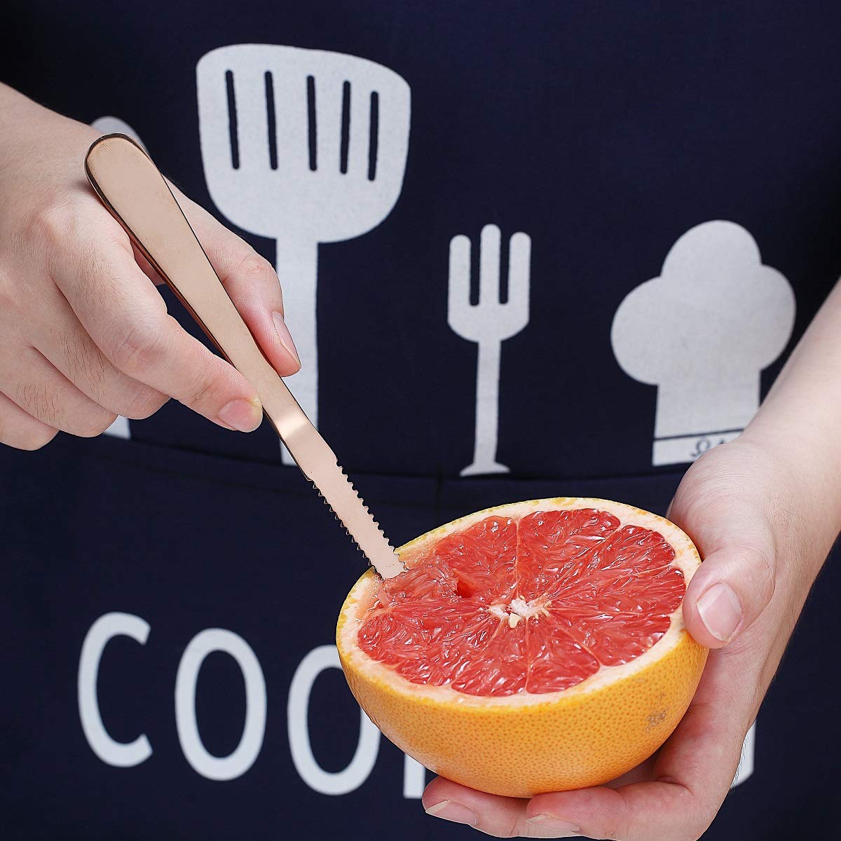 HOMQUEN Rose Gold Grapefruit Spoons 3 Pieces Set, 2 Stainless Steel Grapefruit Spoon and 1 Grapefruit Knife with Titanium Plating, Grapefruit Utensil Set, Serrated Edges Spoon Pack of 3