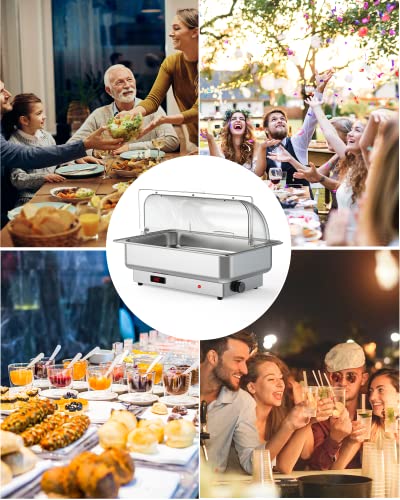 RIEDHOFF 9QT Electric Chafing Dish Set with Temperature Control, Roll Top Stainless Steel Full-size Chafer with Transparent Lid for Catering and Food Servers