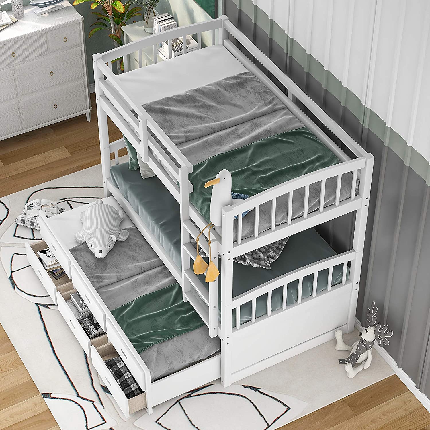 DNYN Twin Over Twin Bunk Bed with Trundle and 3 Storage Drawers for Kids/Adult Bedroom,Solid Wood Bedframe,Space-Saving Design & No Box Spring Needed, White
