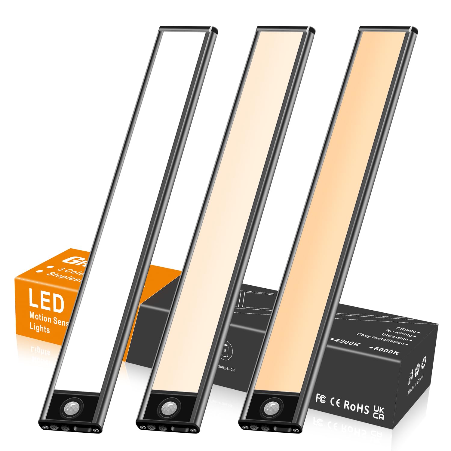 Garpsen Motion Sensor Light Indoor, LED Under Cabinet Lights with 2000mAh Rechargeable Battery Operated, 3 Modes & Color Temperature Dimmable Closet Lighting, Night Light for Home-3Pack