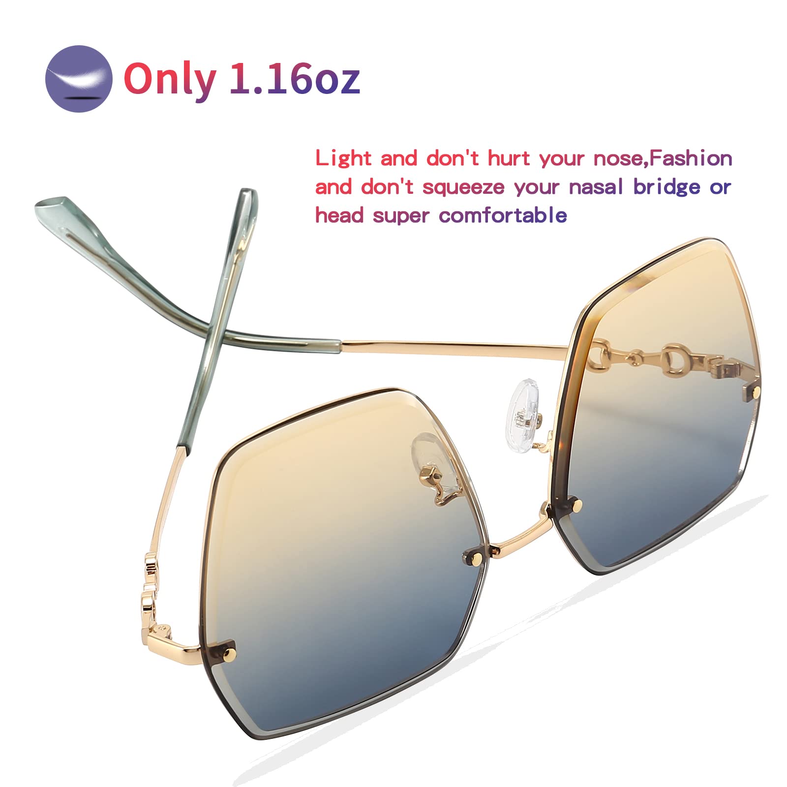 Fullgren Trendy Oversized Square Rimless Sunglasses for Women Men UV401 Metal Sun Glasses