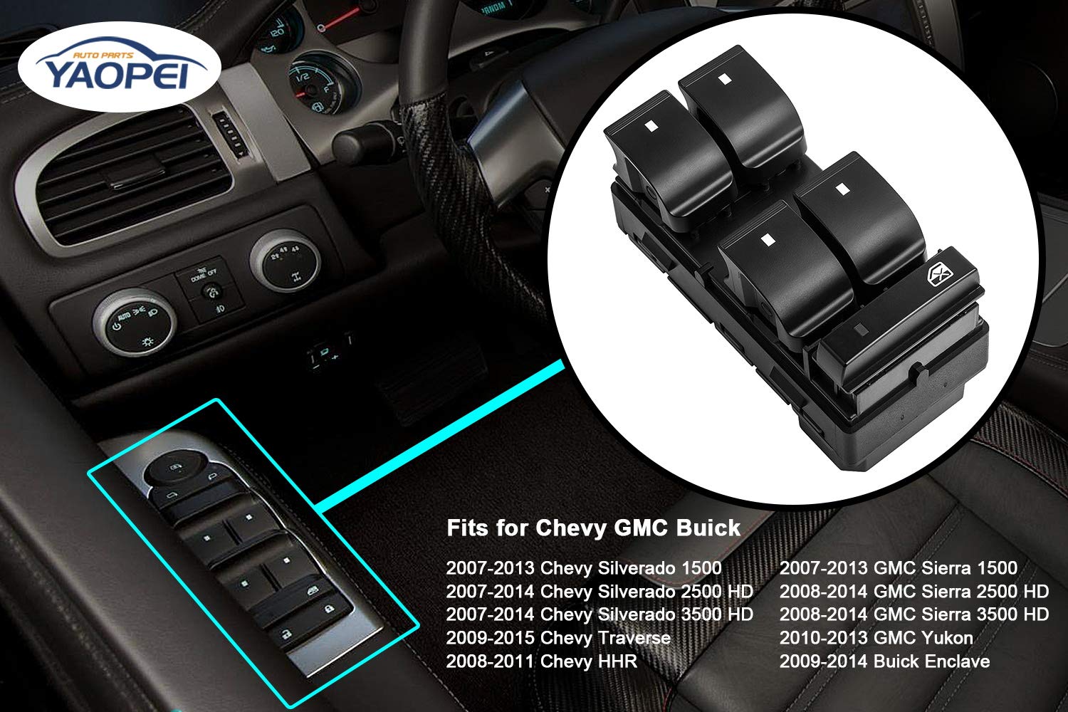 Driver Side Master Power Window Switch for 2007-2013 Chevrolet Chevy Silverado GMC Sierra Traverse HHR 1500 2500HD 3500HD Yukon Buick 25789692 20945129 D1954F129 D1954F