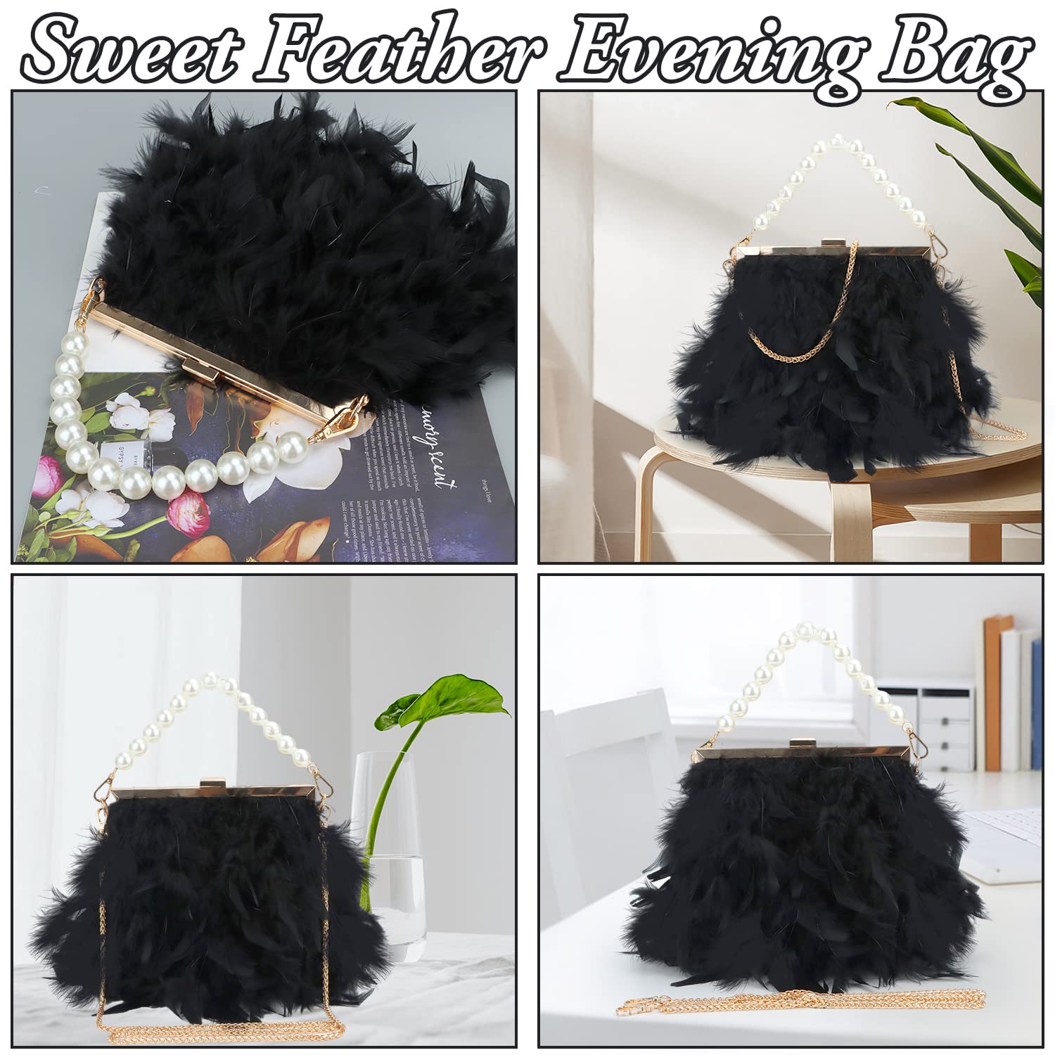 GOKTOW White Champagne Feather Clutches Purses for Women Bag,Pearl Fluffy Evening Handbags for Wedding Anniversary Party,White