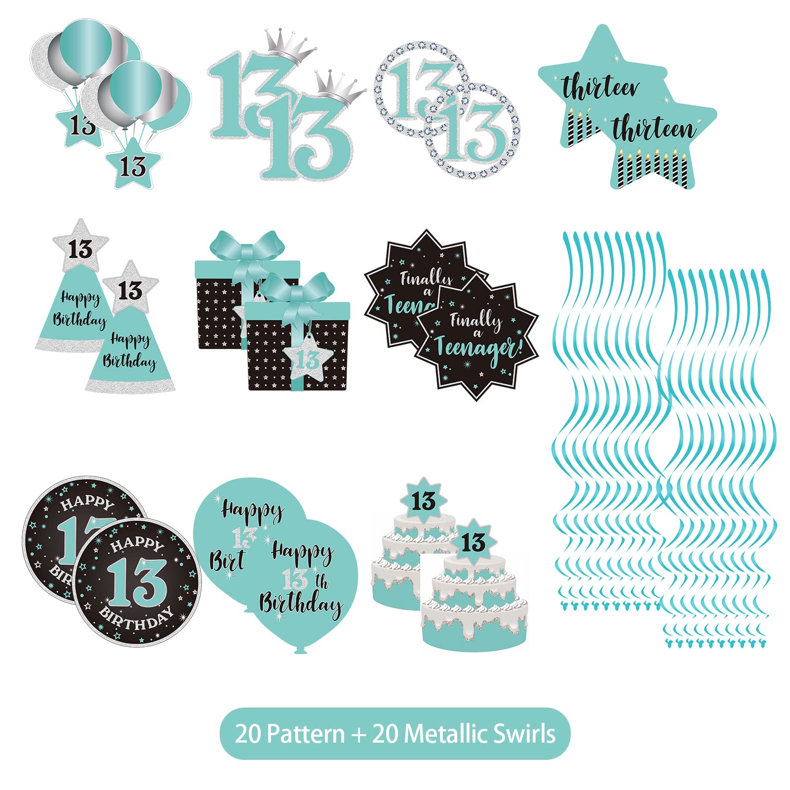 Happy 13th Birthday Party Hanging Swirls Streams Ceiling Decorations, Celebration 13 Foil Hanging Swirls with Cutouts for 13 Years Teal Silver Black Blue Birthday Party Decorations Supplies