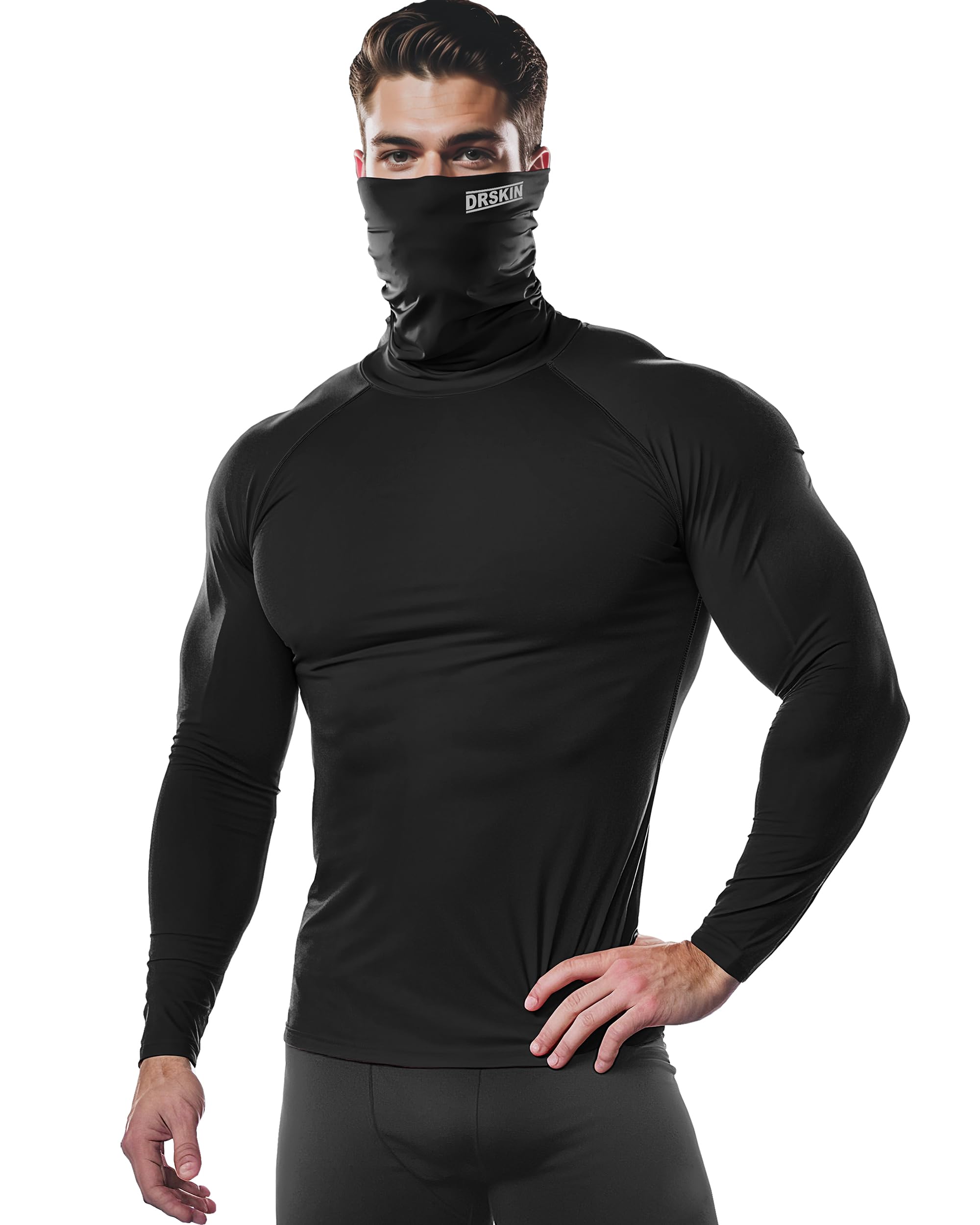 DRSKIN Men's MASK Turtleneck Compression Shirts Top Long Sleeve Sports Baselayer Running Athletic Workout (TurtleNeck SB01, M)