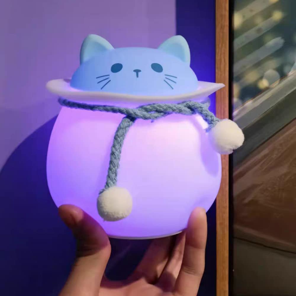 Meefad Cute Cat Night Light, Kids Table lamp with 7 Colors Changing, Soft Silicone Bedside Lamp, USB Rechargeable Accent Lamp